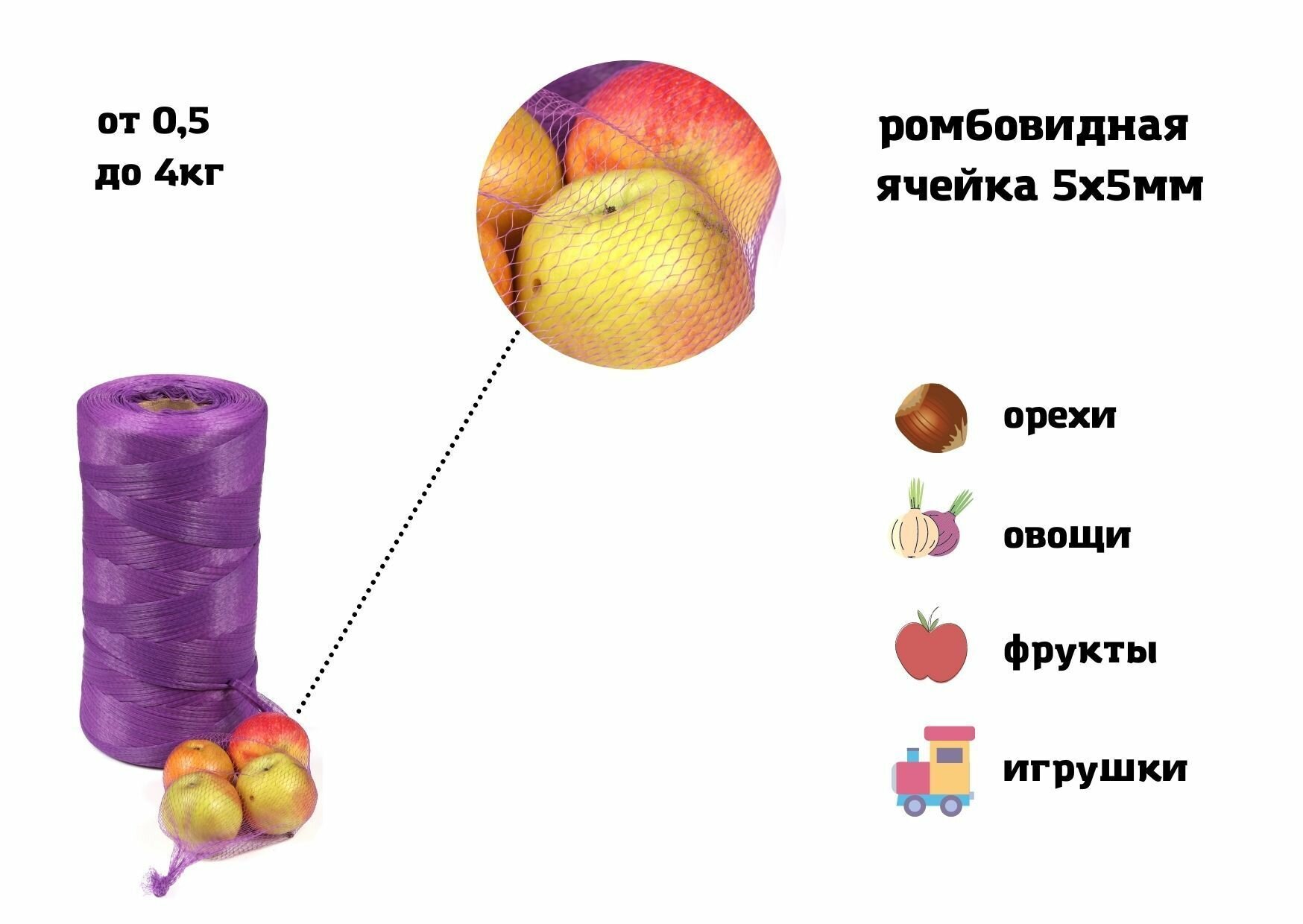 Сетка для овощей, фруктов, продуктов, упаковочная / пакет, 500м, ячейки 5х5мм, фиолетовая