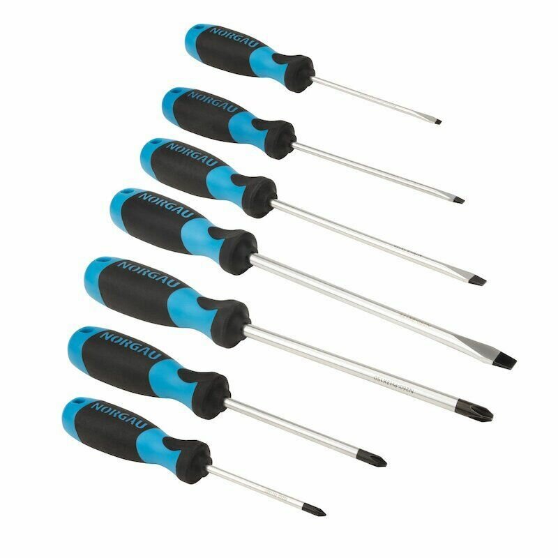 Набор отверток NORGAU Industrial со специальной патентованной рукояткой и намагниченным наконечником, SL, PZ - 7 шт, CrV.