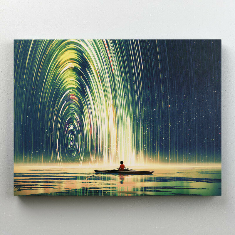 Интерьерная картина на холсте "Парень плывет по зеркальному озеру на фоне звезд" размер 40x30 см