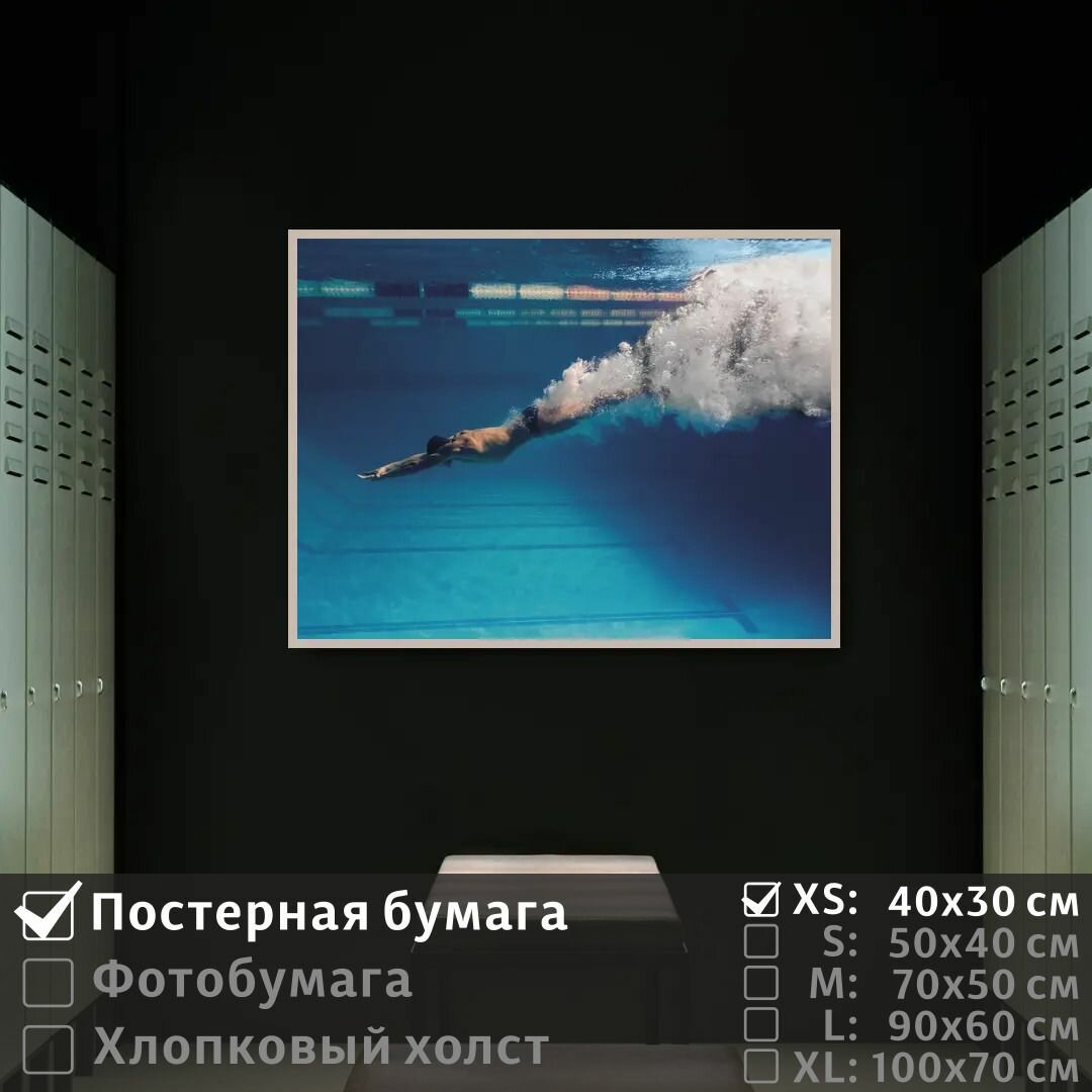 Постер на стену Пловец Плавает Под Водой В Бассейне 40х30 см ПолиЦентр