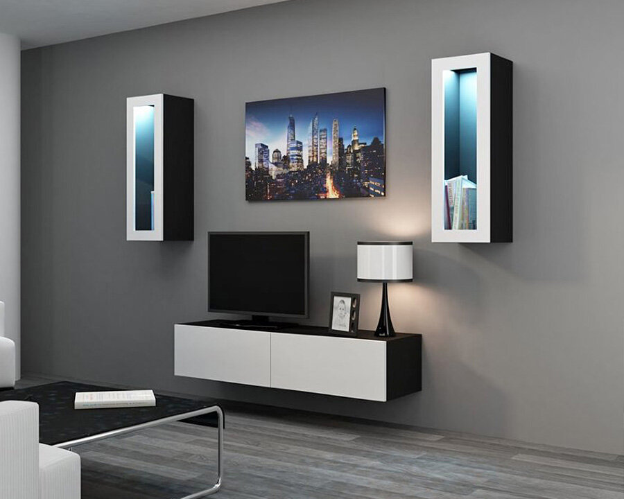 Гостиная Виго 8 Белый Фасадный 0101 / Черный 0190 NEW 210x42x180 см, GOODFORM