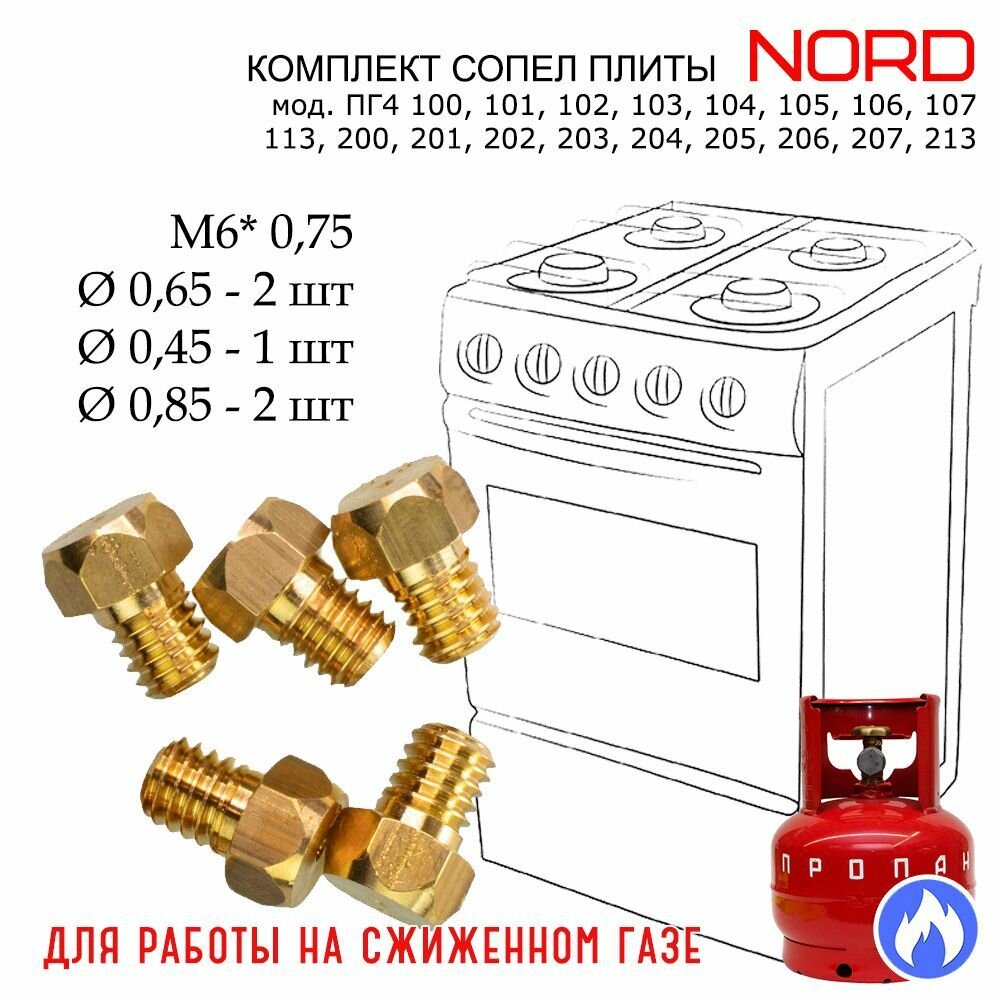Комплект жиклеров, форсунок газовой плиты "Nord" под балонный, сжиженный газ