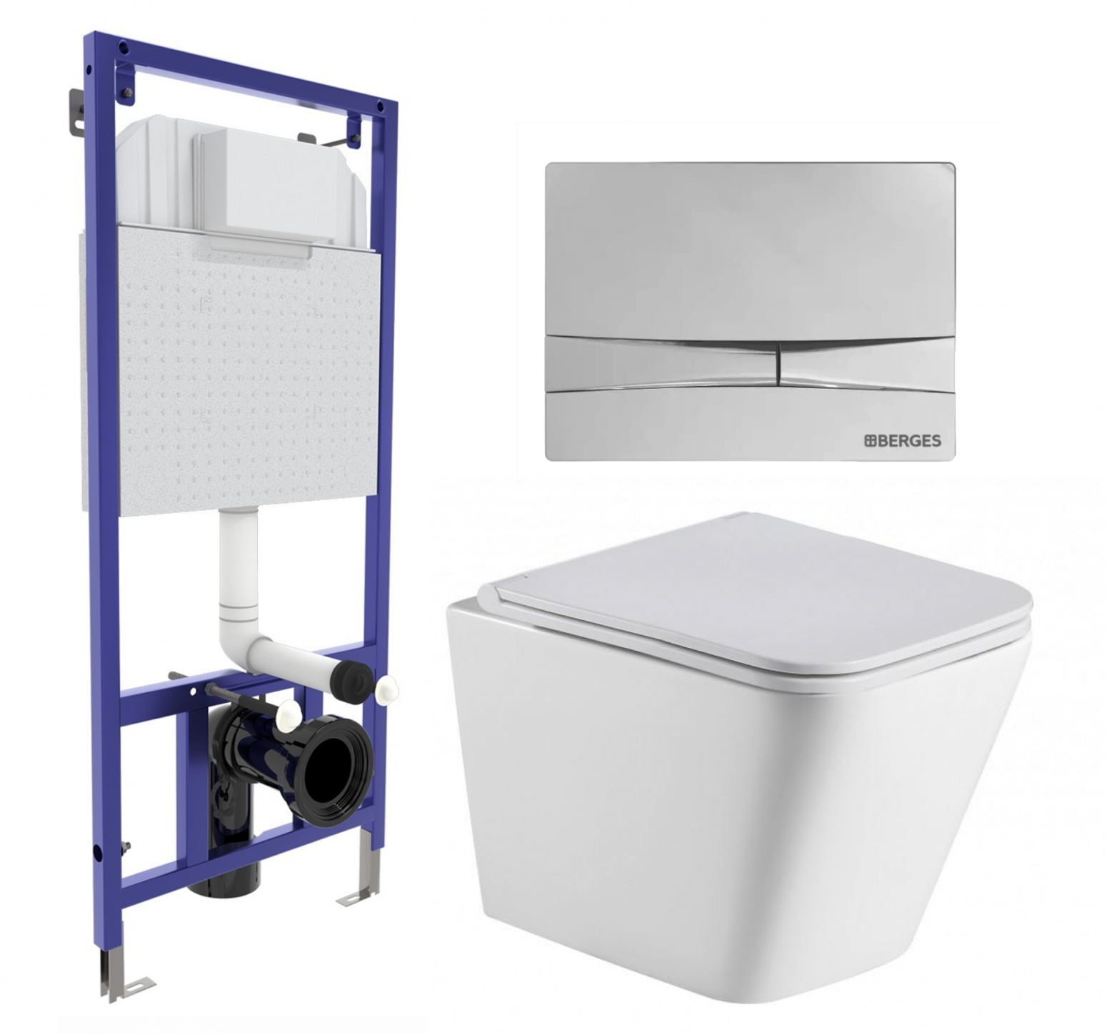 Комплект 3 в 1 инсталляция Berges Wasserhaus Novum 040253 + Подвесной унитаз WeltWasser Gelbach 043 GL-WT + кнопка хром