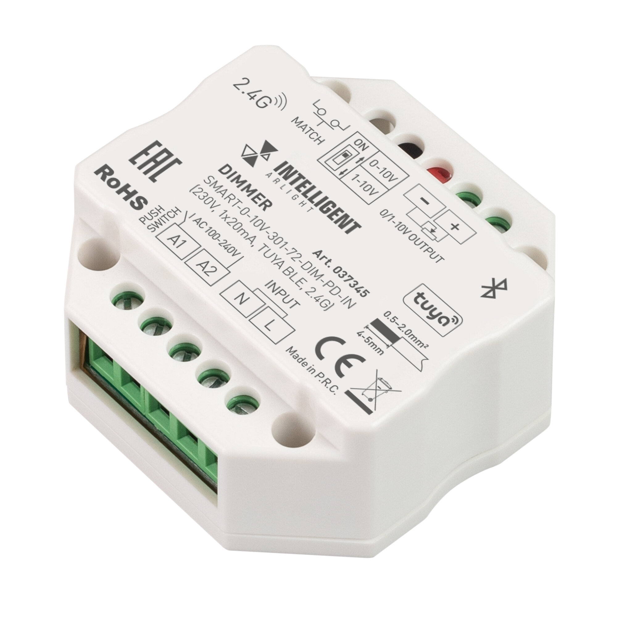037345 ARLIGHT Диммер SMART-0-10V-301-72-DIM-PD-IN (230V, 1x20mA, TUYA BLE, 2.4G) (IARL, IP20 Пластик)