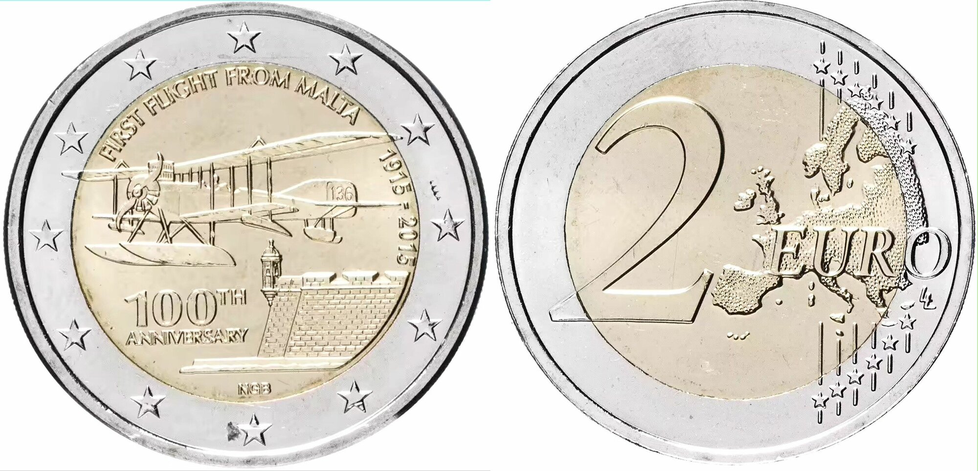 Мальта 2 евро 2015 100 лет Первому полету из Мальты UNC