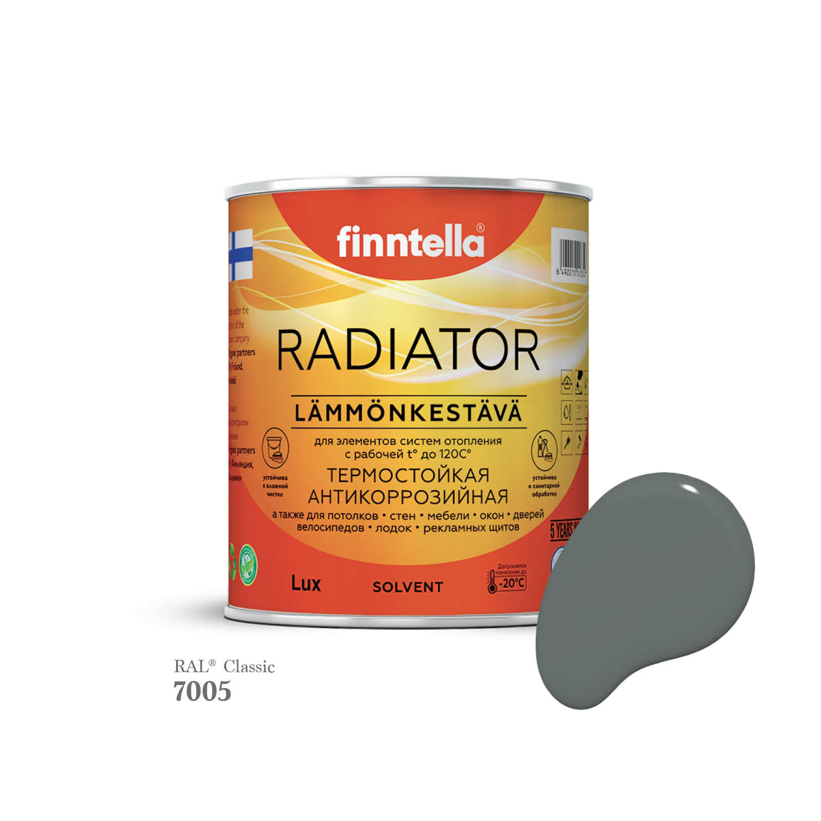 Краска для радиаторов быстросохнущая финская эмаль FINNTELLA RADIATOR, цвет RAL7005 , 0,9л