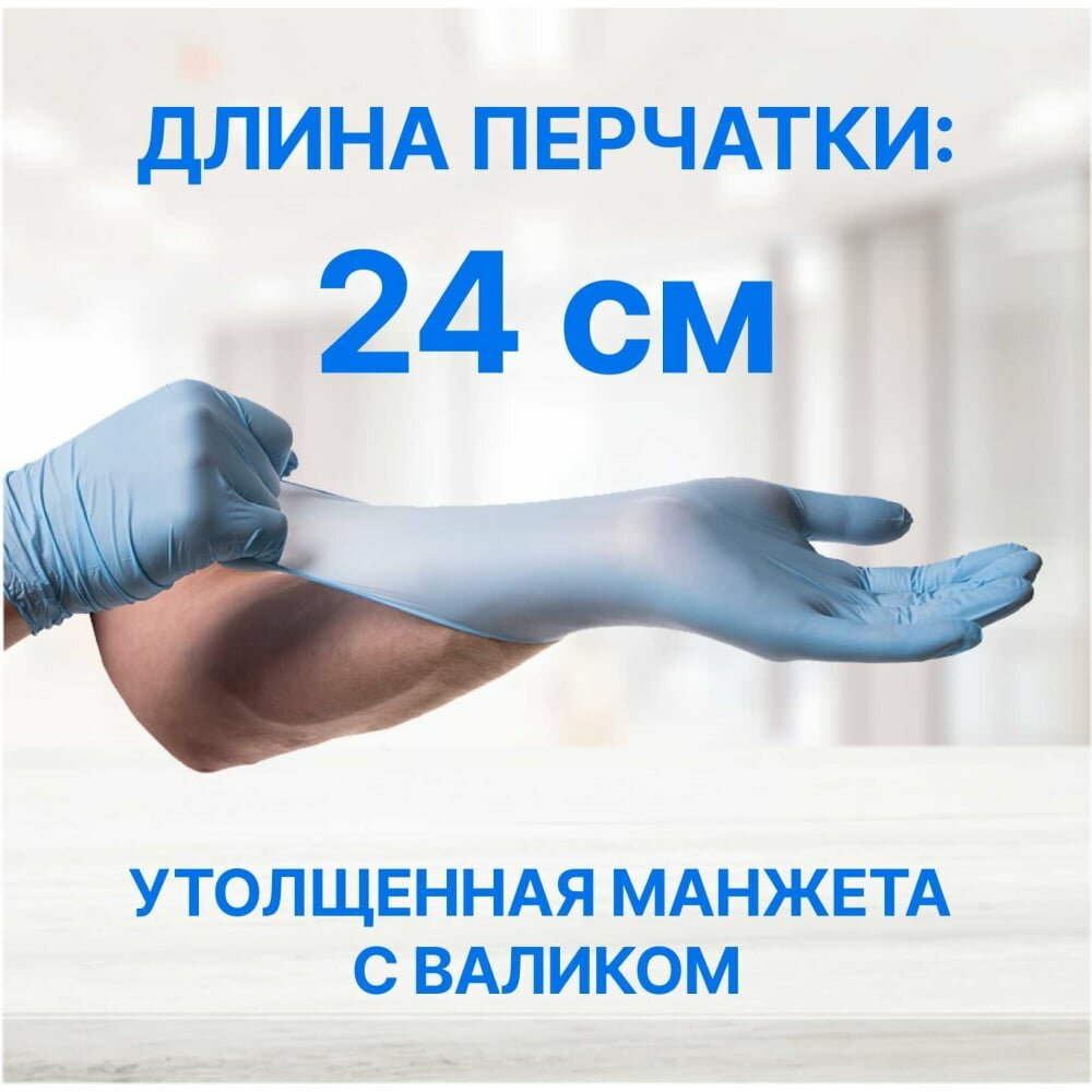 Нитриловые перчатки с текстурированными пальцами Puretech Neutrino 24 см, М, голубые, 50пар G1052