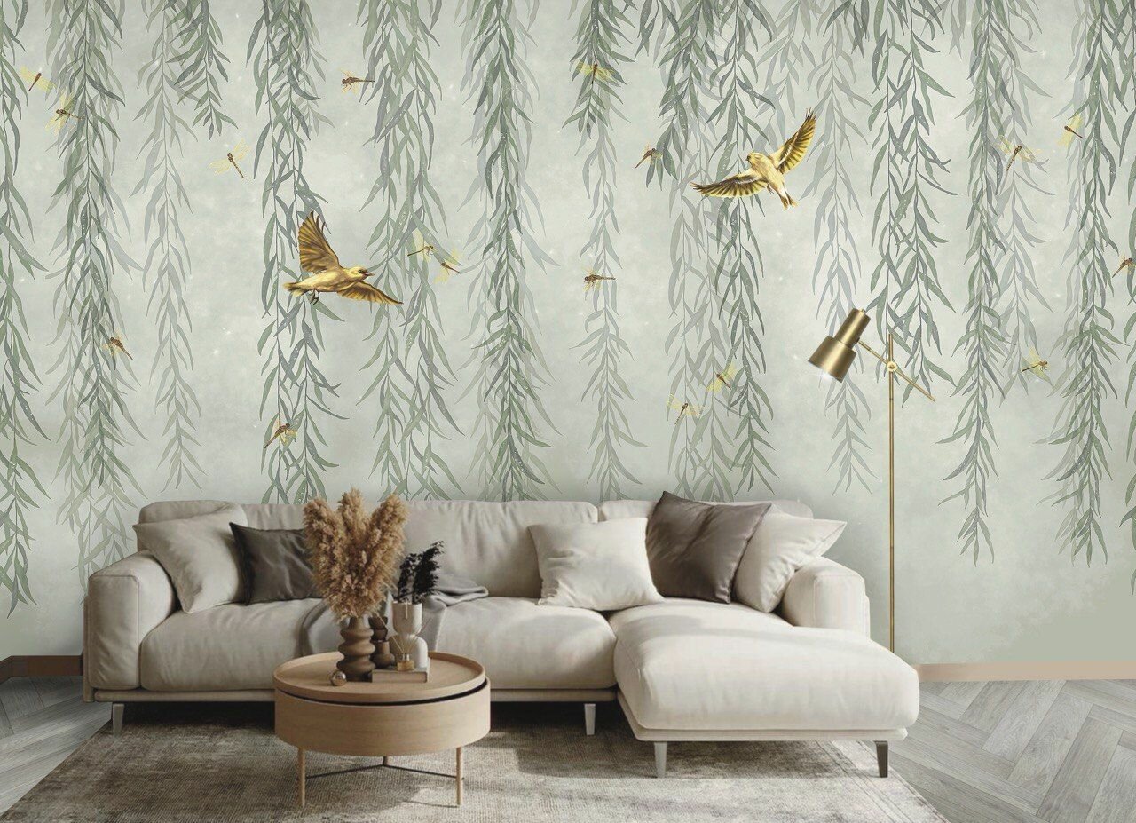 Обои бесшовные "Иволга и стрекозки" бежевый холодный (ширина 2550мм х длина 4500мм)