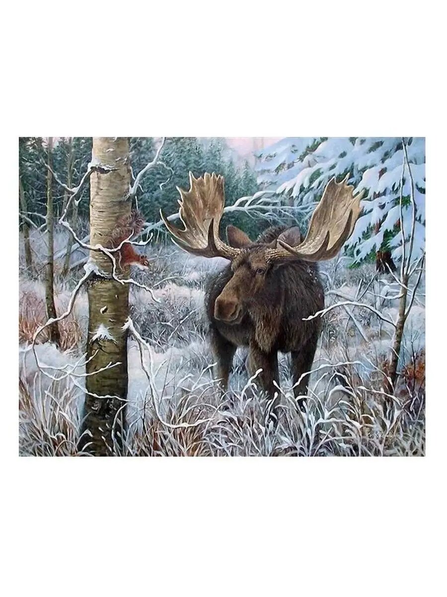 Алмазная мозаика "Лось в зимнем лесу"