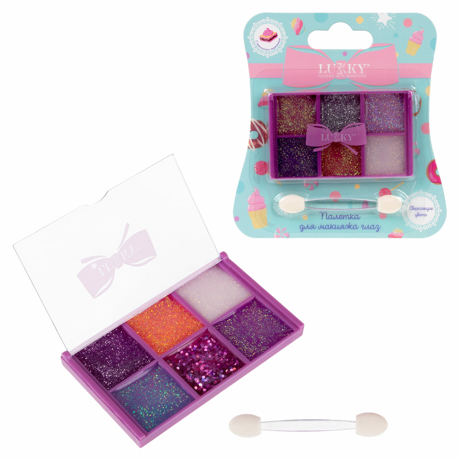 Детская палетка для макияжа глаз Lukky: гель-тени для век с блестками, 4,5 г, 6 цветов, бел, аппликатор