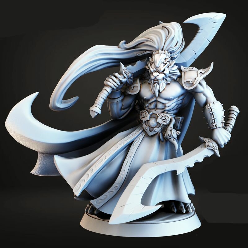 Табакси Файтер с двумя мечами Лев Опытный воин-боец (40мм) миниатюра для DnD (ДнД) и других Настольных игр( НРИ, Варгеймов или РПГ), фентези тематика