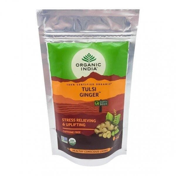 TULSI GINGER Stress Relieving & Uplifting, Organic India (Чай тулси имбирь избавление от стресса и подъём настроения, Органик Индия), 100 г.