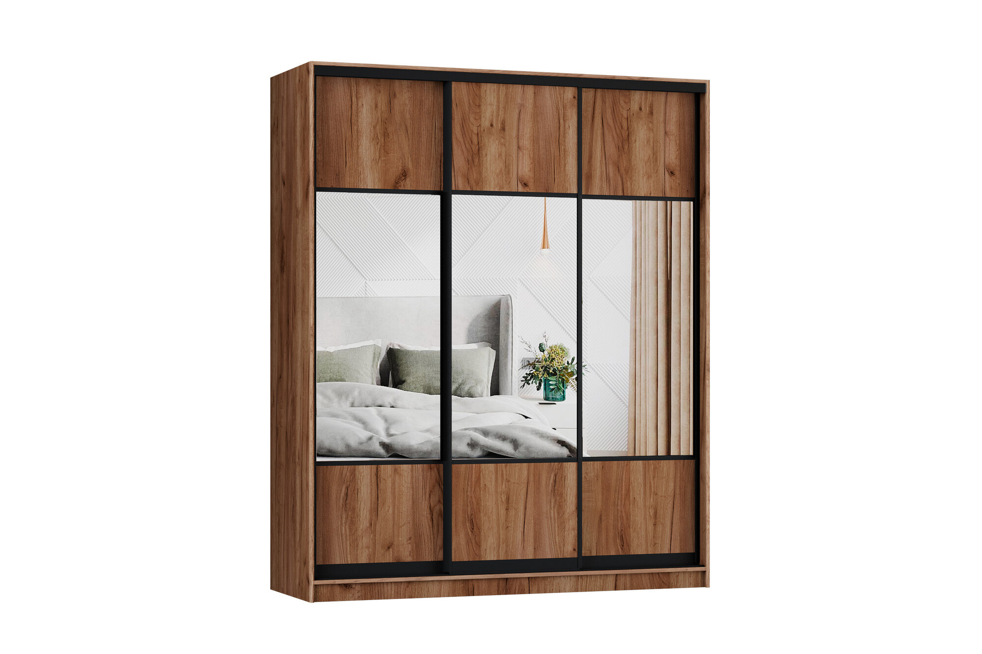 Шкаф-купе Марвин 3 220-45-220 дуб табачный профиль черный глянец наполнение белье/платье