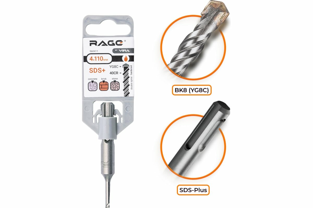 Бур SDS+ 4x110 мм RAGE by VIRA 560411 для ударных дрелей по бетону и кирпичу