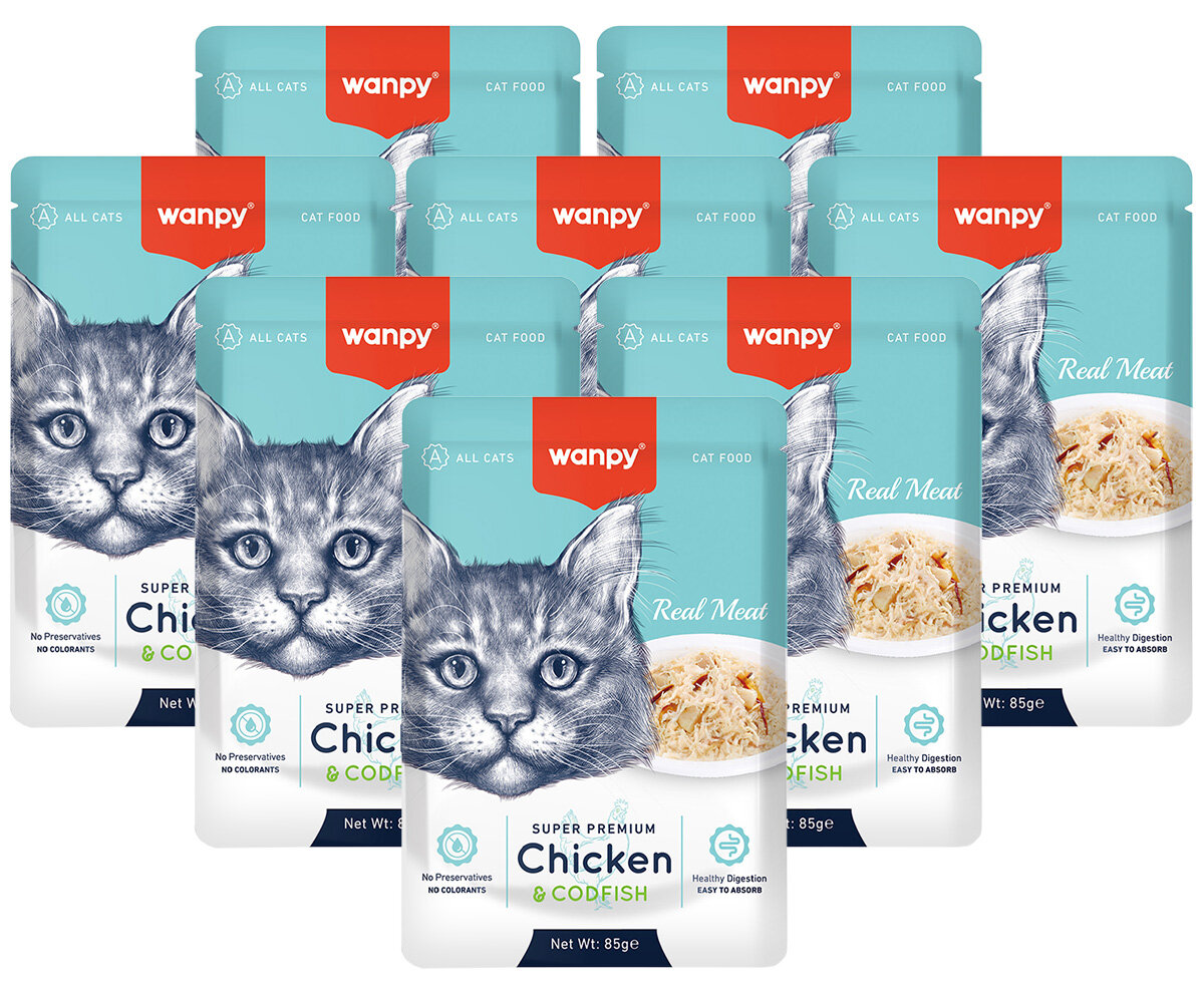 Влажный корм Wanpy Cat Chicken & Codfish для кошек с курицей и треской пауч, 85 гр х 8 шт