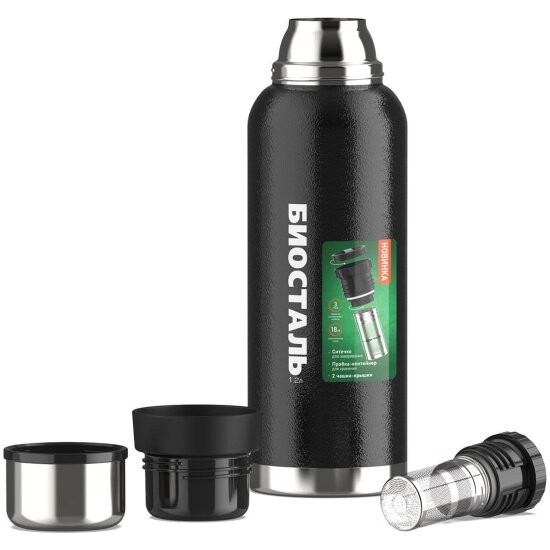 Термос Biostal Охота NBR-1200Z-C 1,2 л, 2 чашки, с ситечком, черный