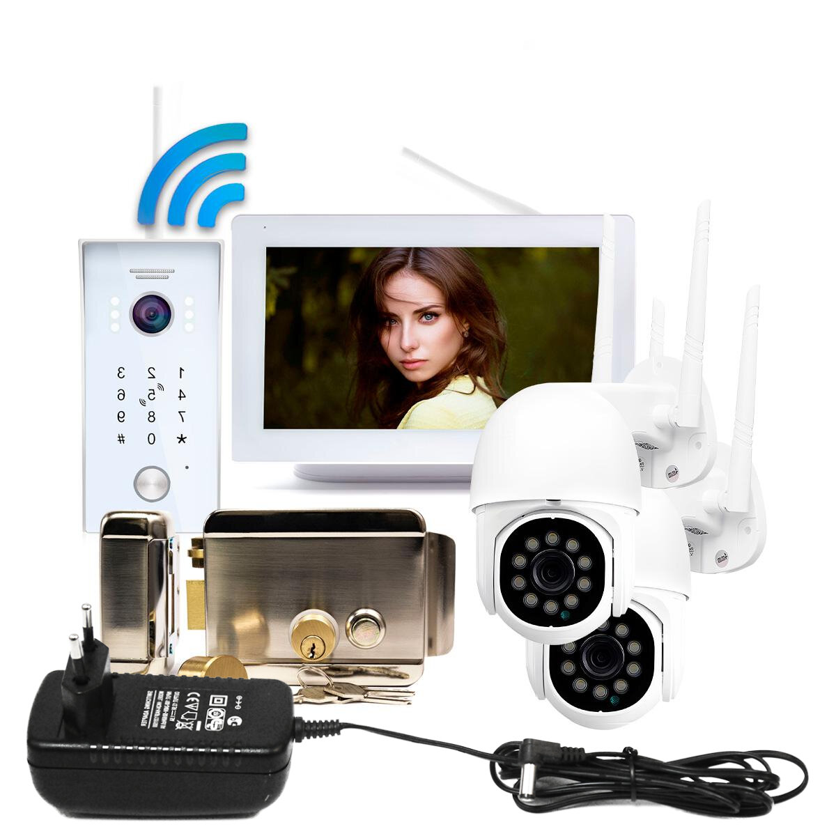 Комплект Wi-Fi видеодомофон TUYA и электромеханический замок AX042 - Sky-Net 700-Tuya (1+2+AX042)-2.4G (C77155OK) ДВЕ уличные 5mp поворотные WiFi IP