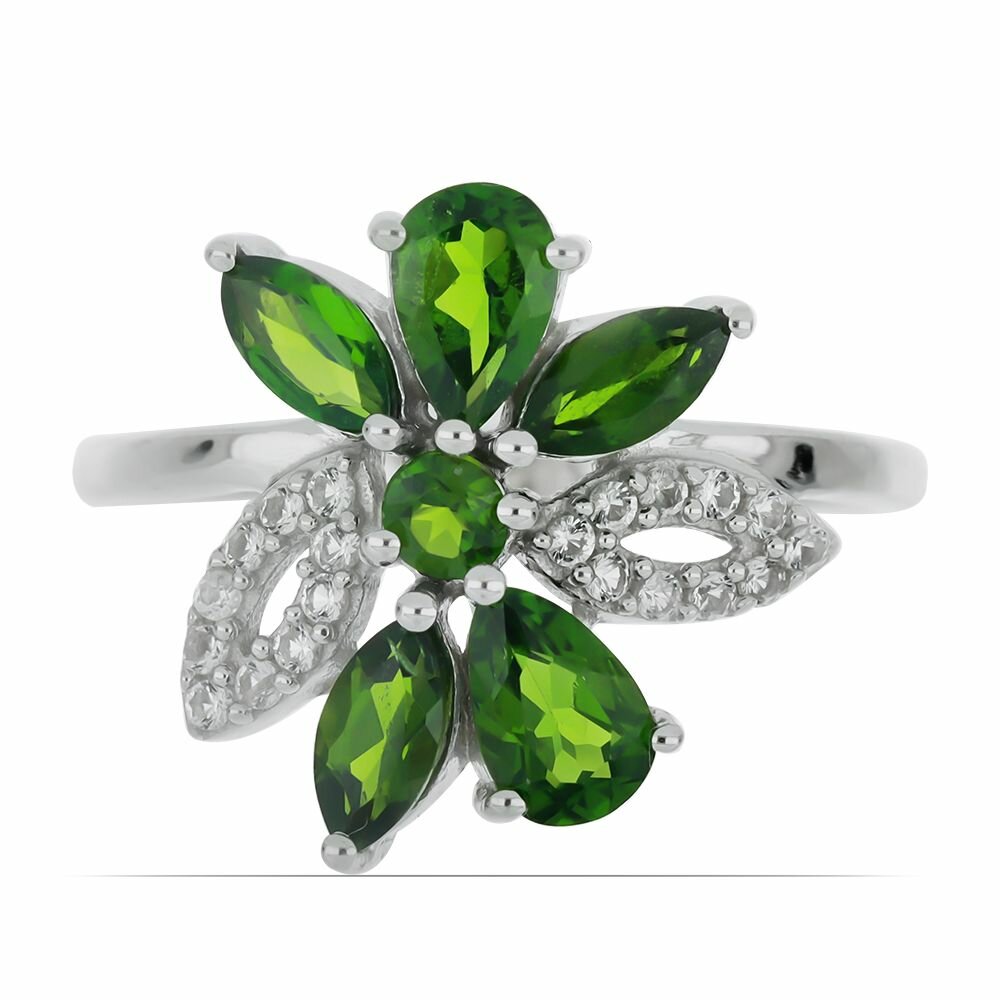 Кольцо тонкое, серебро, 925 проба, родирование, хромдиопсид, топаз