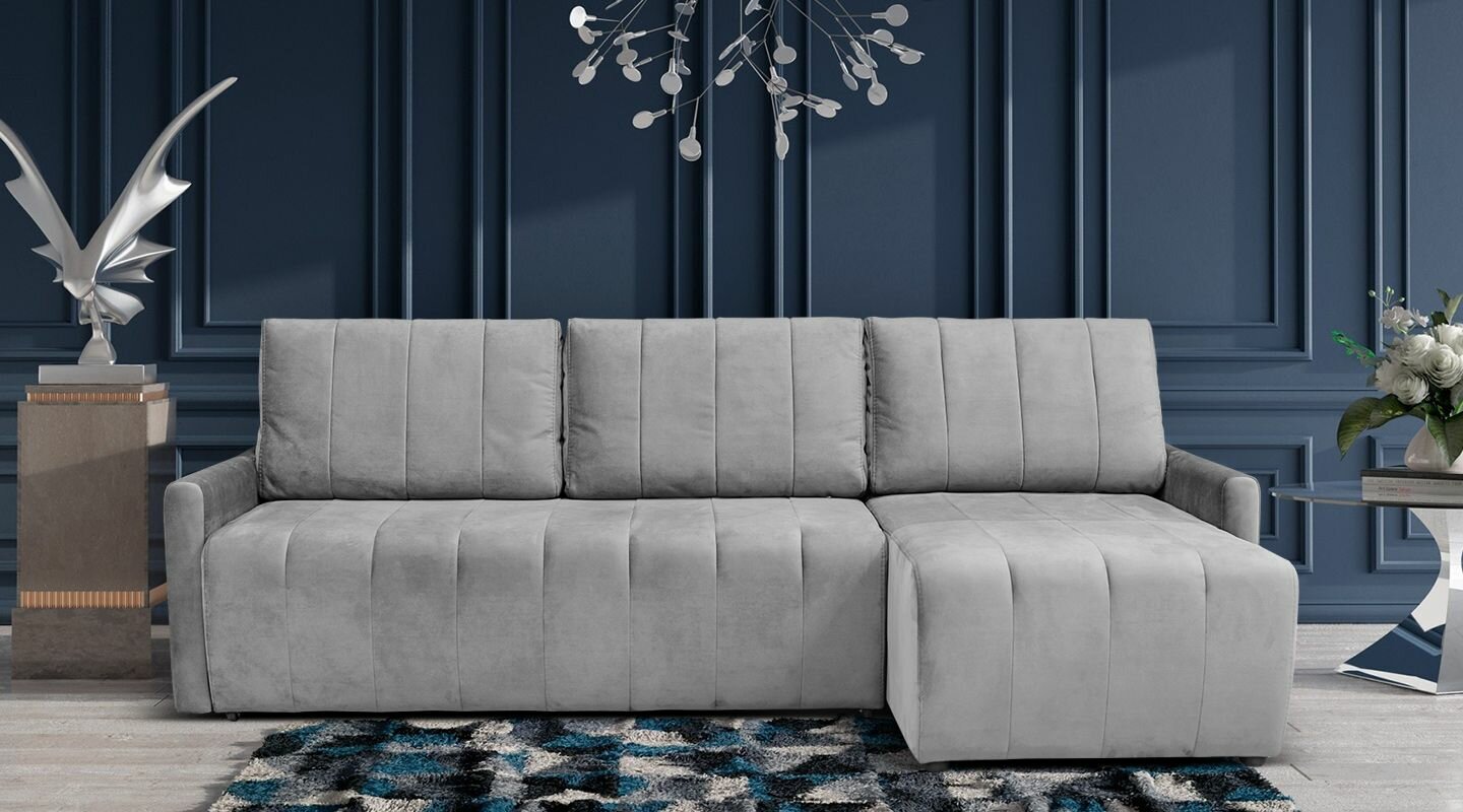 Угловой диван AH! DIVAN (АхДиван) Норфолк 145х245х88 см, раскладной диван-кровать, еврокнижка, независимый пружинный блок, серый, велюр
