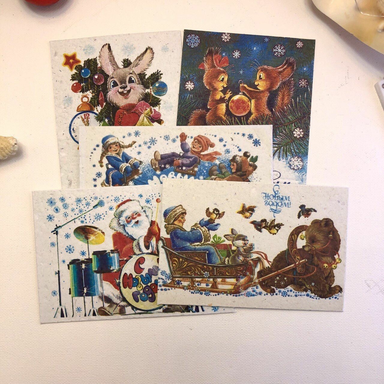 Эко-открытки из бумаги ручного отлива "С Новым годом" 5шт по мотивам советских открыток
