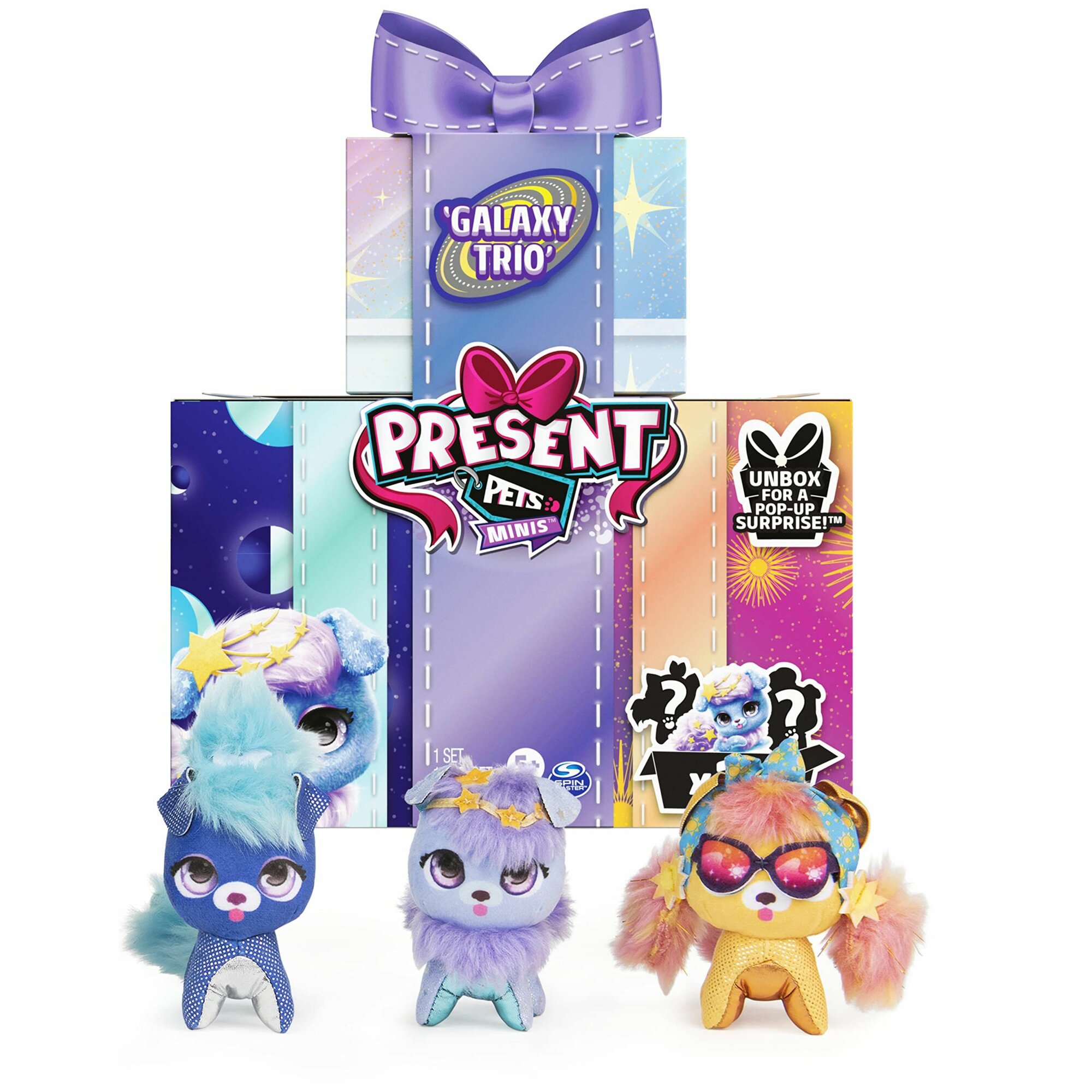 Spin Master Present Pets Minis Galaxy Trio 3-Pack 3-дюймовый Коллекционная плюшевая игрушка-сюрприз, Подходит для детей старше 5 лет