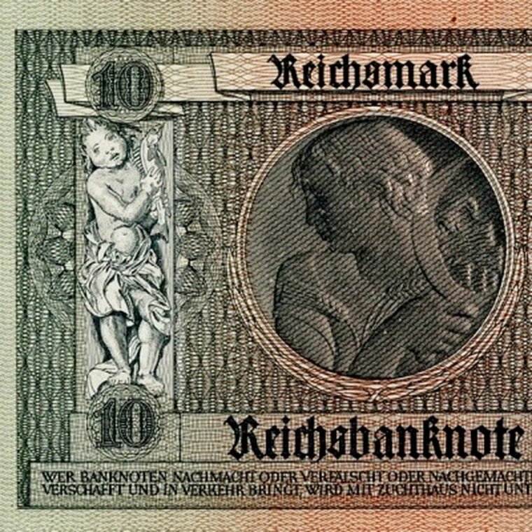 10 рейхсмарок 1948 с контрольной маркой, сувенирная копия, банкноты и купюры редкие коллекционные