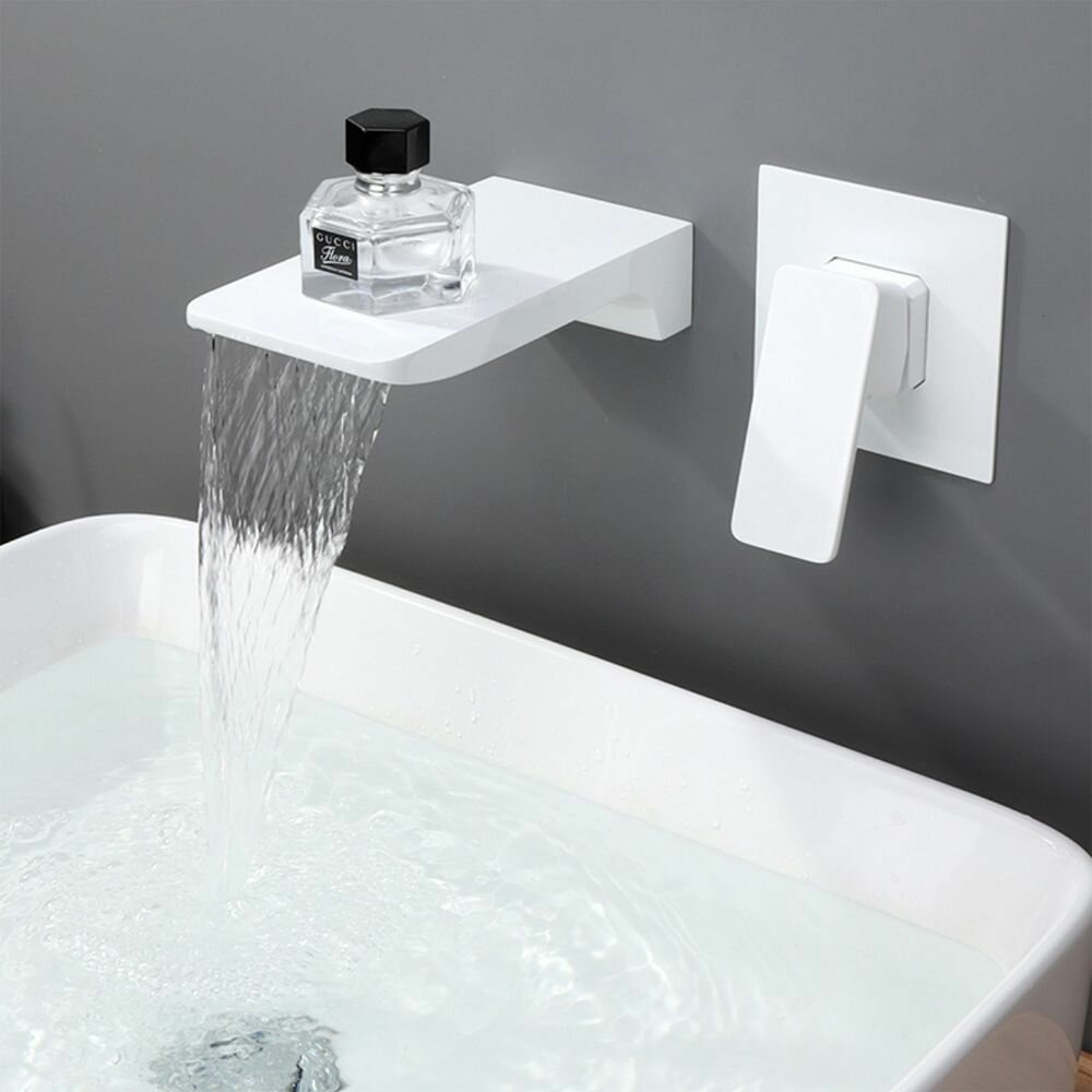 Смеситель для раковины настенный, водопад дизайн излива, массивная латунь, одинарная ручка, смесь холодной и горячей воды, белый, SIKAIQI SQ21001WH