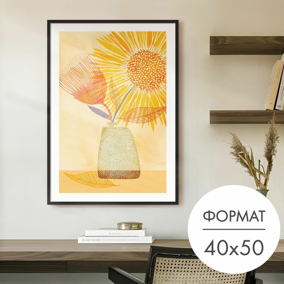 Постер "Подсолнух в вазе" 40x50 без рамки на стену для интерьера