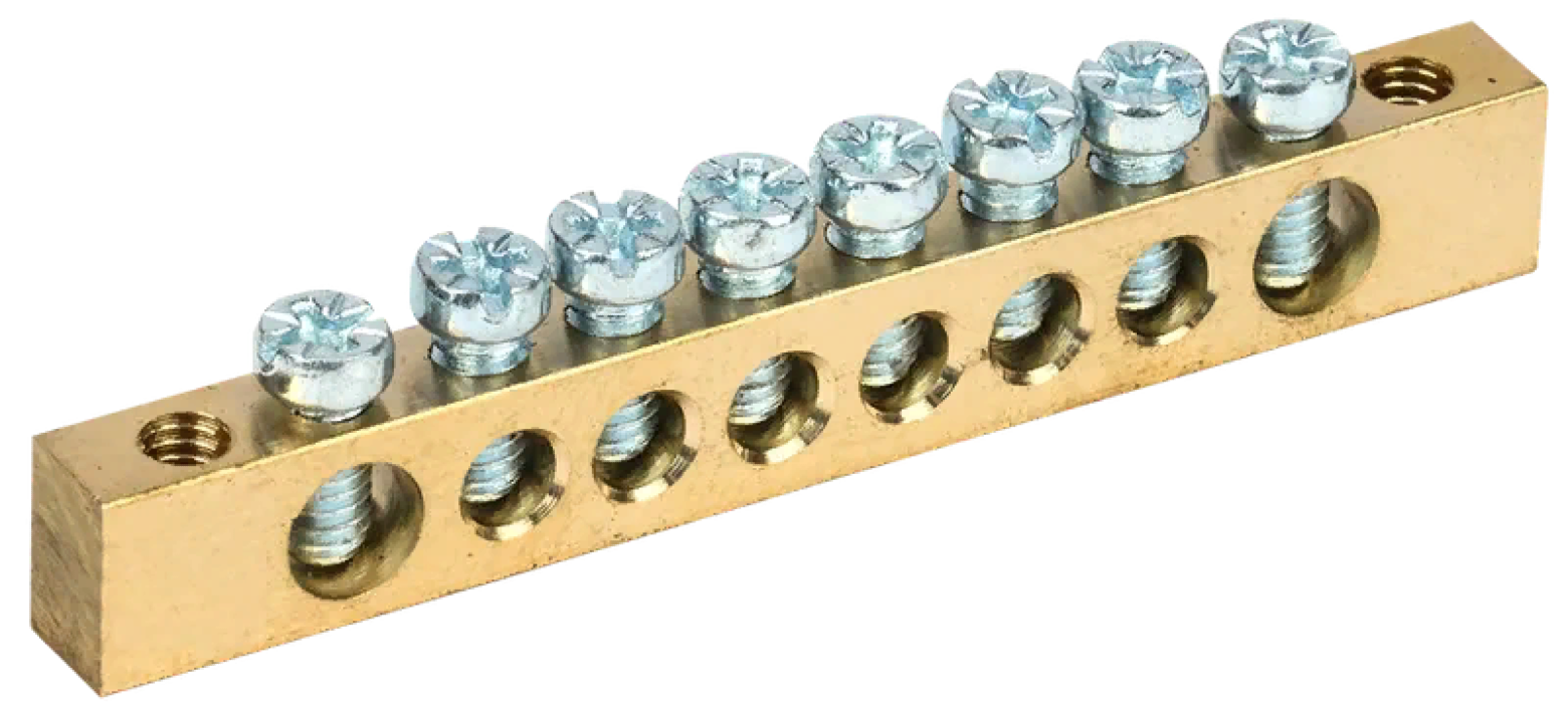 Шина IEK / ИЭК PEN земля-ноль 6х9мм 8/2, 8 групп/крепеж по краям, латунь, 66х6х9мм, 100А, соединитель проводов