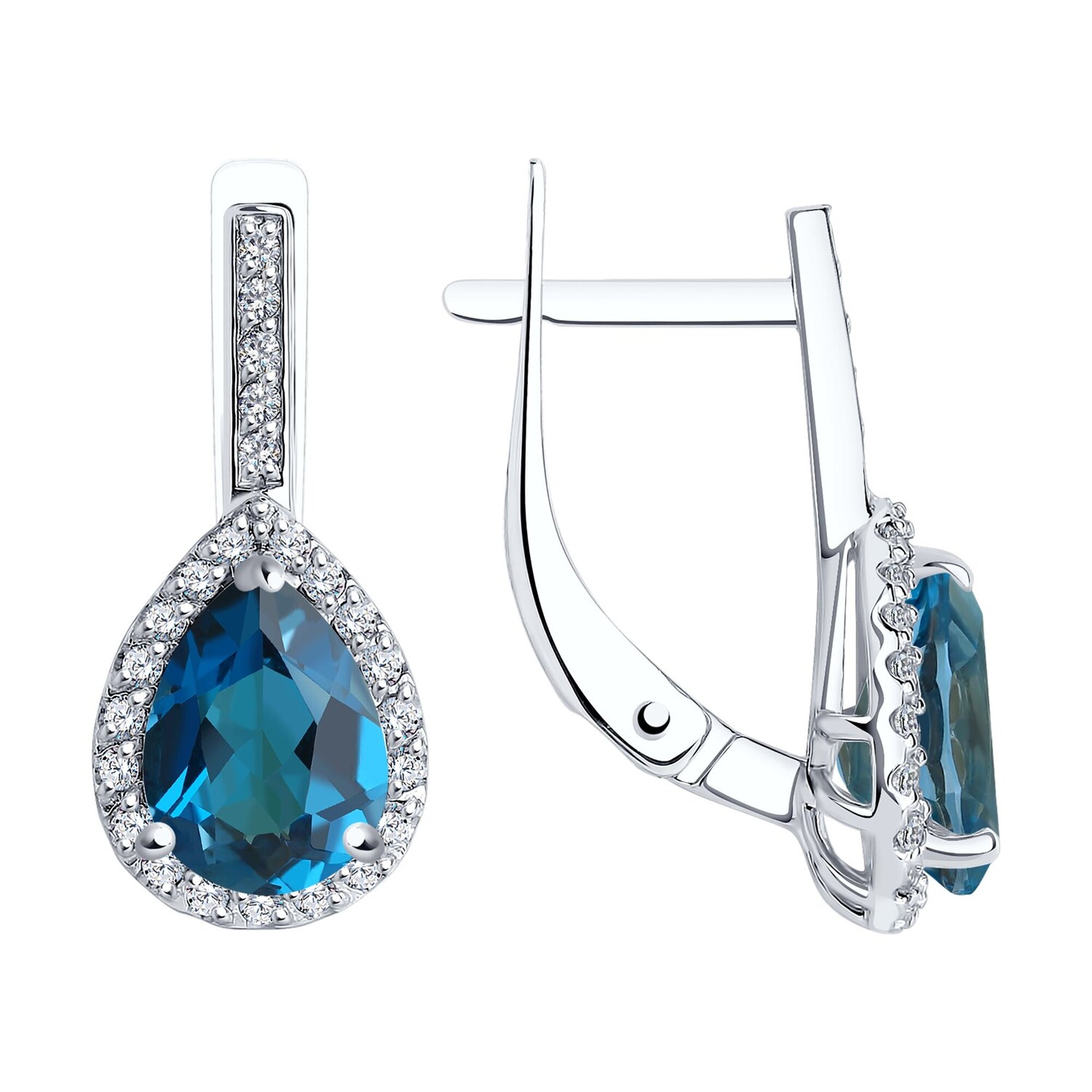 Серьги, белое золото, 585 проба, фианит, Лондон топаз