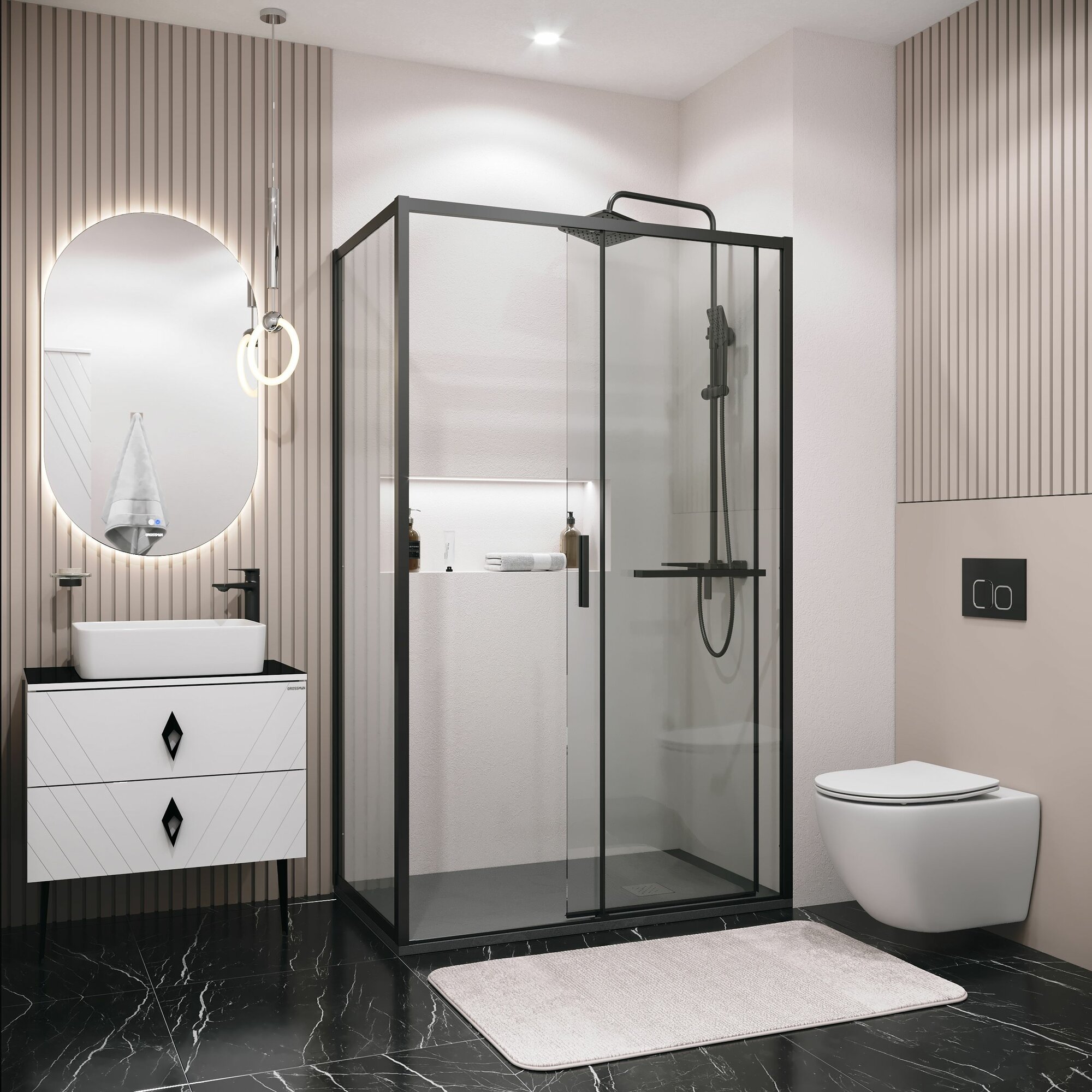 Душевое ограждение Grossman Style 120. K33.05.1190.21.00 (110х90х195) дверь раздвижная, черный матовый, стекло прозрачное,2 места