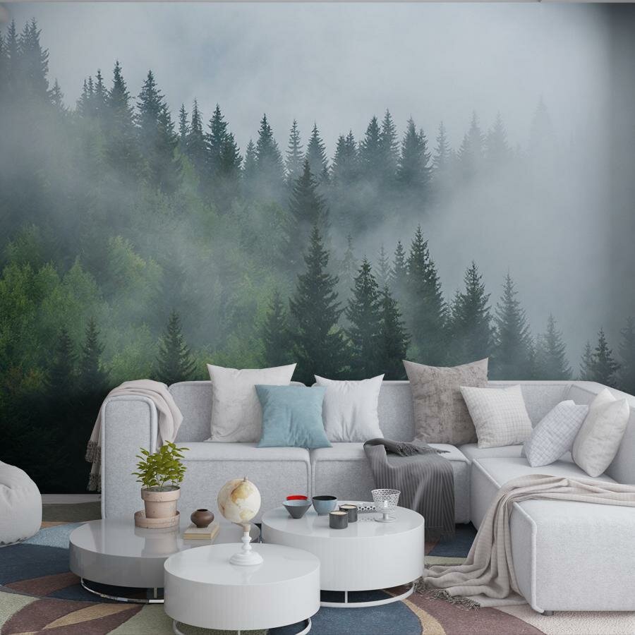 Фотообои в спальню Туманные лес утром 9-1858-S-Флок 270 x 200 см (ВхШ) Бесшовные, флизелиновые, влагостойкие обои MasterFresok