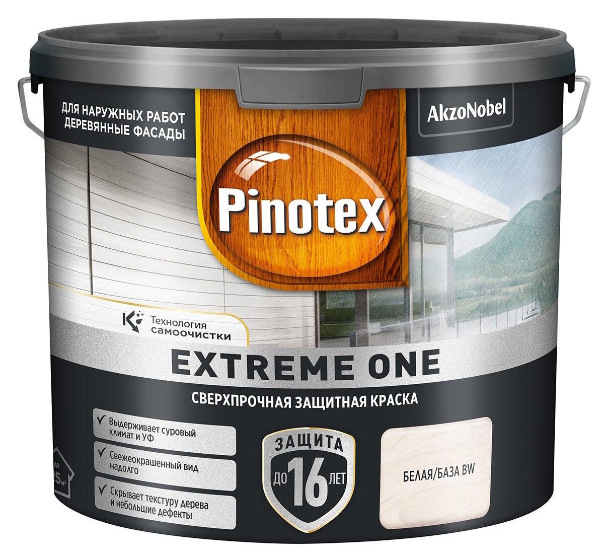 Фасадная краска Pinotex / Пинотекс Extreme One база BW для дерева сверхпрочная, атмосферостойкая, акриловая, белая полуматовая, 9л / лакокрасочные материалы