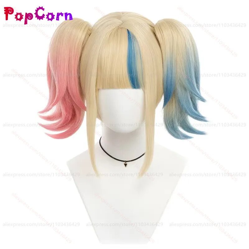 Харли Косплей Квинн Парик Женщины 33 см Короткий Парик с Двойными Хвостиками Аниме Косплей Парик Термостойкие Синтетические Парики