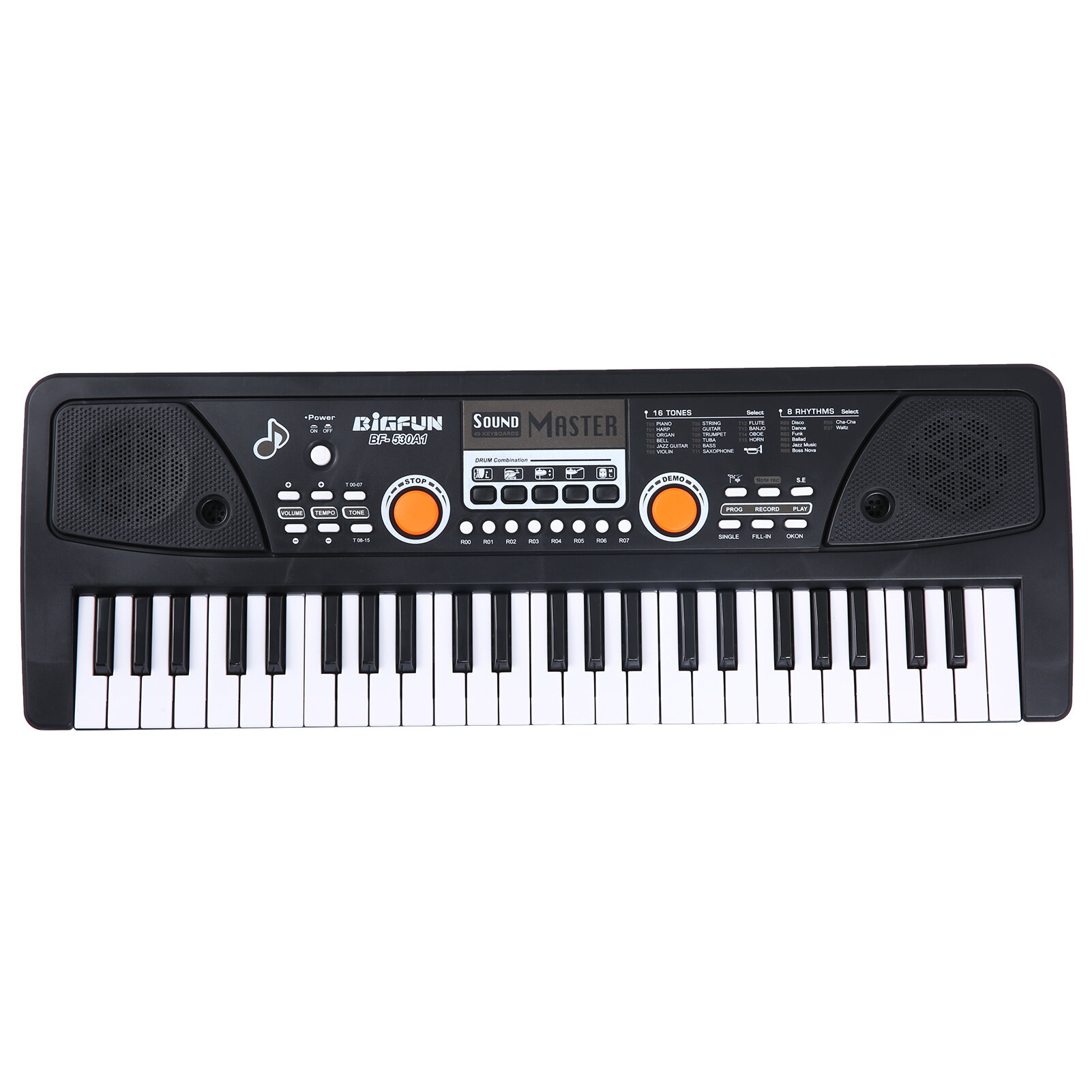 BIGFUN 49 Keys USB Electronic Organ Kids Electric Piano with Microphone Black Digital Music Keyboard Built-in Stereo Speakers 16 Tones 8 Rhythms 6 Demo Songs 5 Percussion Gift Musical Instrument