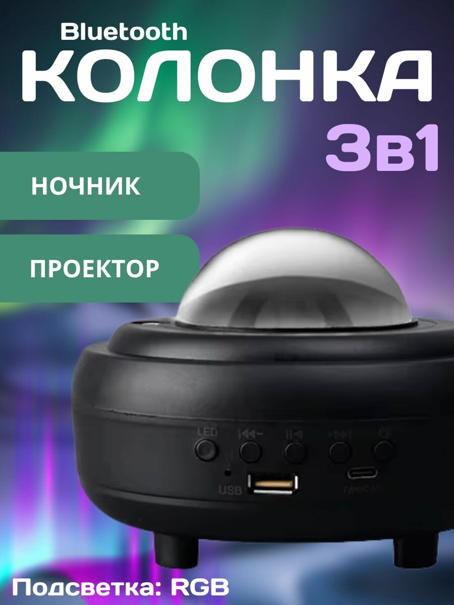 Ночник, проектор, Bluetooth колонка Северное сияние. Черный.