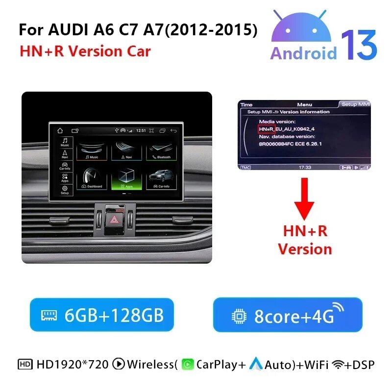 Android 14 CarPlay для Audi A6 C7 A7 2012 ~ 2018 MMI 3G RMC Автомобильный мультимедийный плеер Навигация Авто Радио Стерео GPS Сенсорный экран 6GB 128 GB