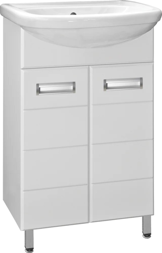 Тумба с раковиной Style Line Ирис 55 напольная, 56 см, белая, глянцевая, из МДФ, с дверками, раковина для ванной фаянсовая, полукруглая, встроенный слив-перелив