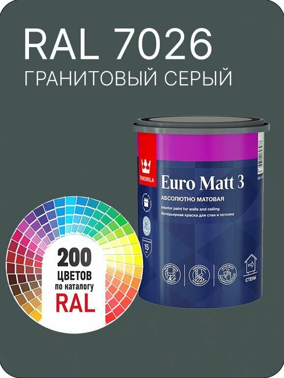 Краска для стен и потолков Tikkurila Euro Matt 3 абсолютно матовая серый гранитовый Ral 7026 0.9 л.