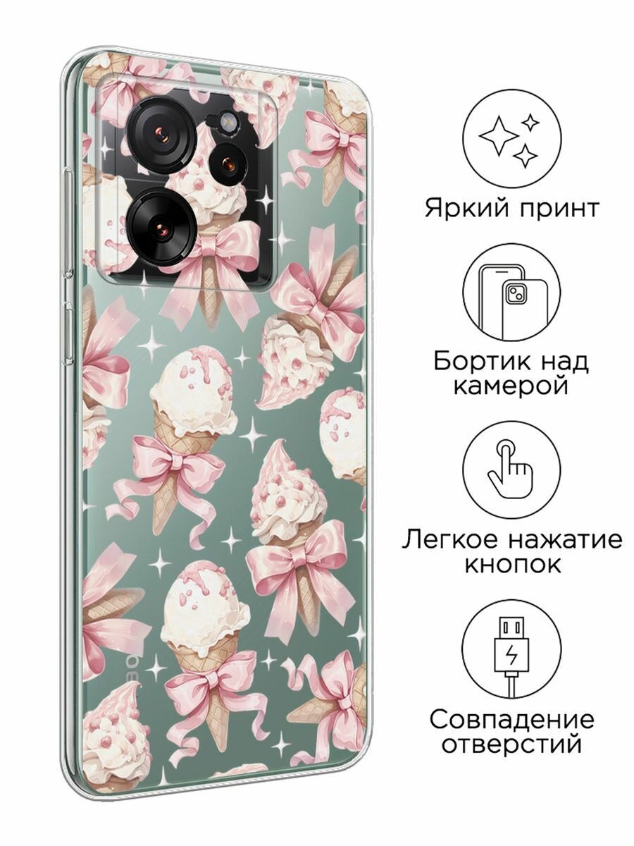 Чехол на Xiaomi 13T Pro / Сяоми 13Т Про с принтом "Мороженое с бантиками", прозрачный — фото 1