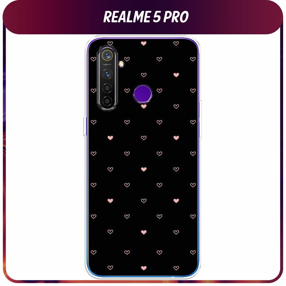 Чехол на Realme 5 Pro / Реалми 5 Про с принтом "Черный фон и сердечки"