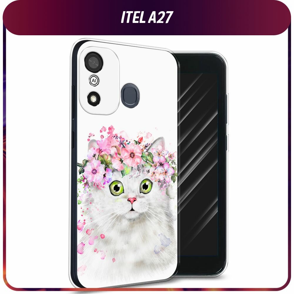 Чехол на Itel A27 / Ител А27 с принтом Белая кошка с цветами