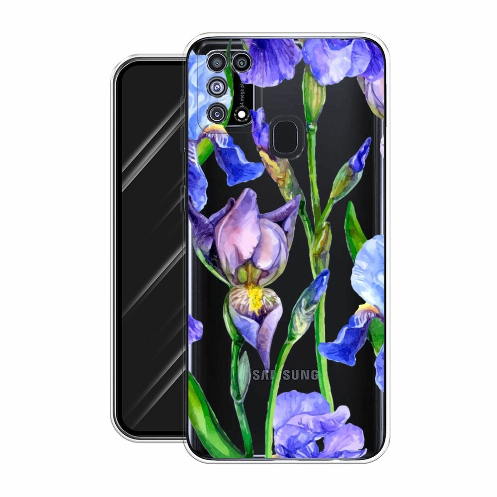 Чехол на Samsung Galaxy M31 / Самсунг Галакси М31 с принтом "Синие ирисы", прозрачный — фото 1