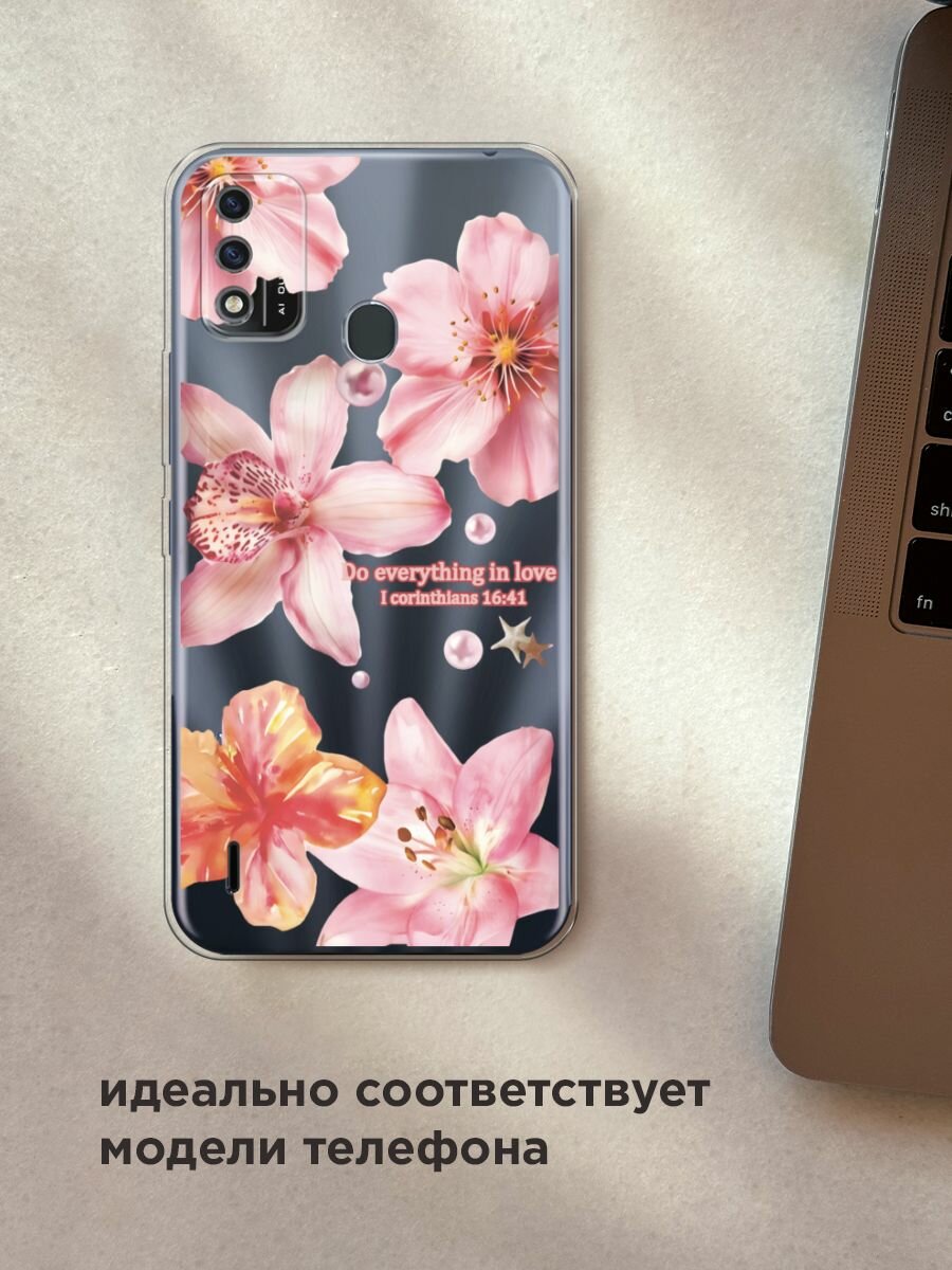 Чехол на Itel A48 / Ител А48 с принтом "Тропические соцветия", прозрачный — фото 1