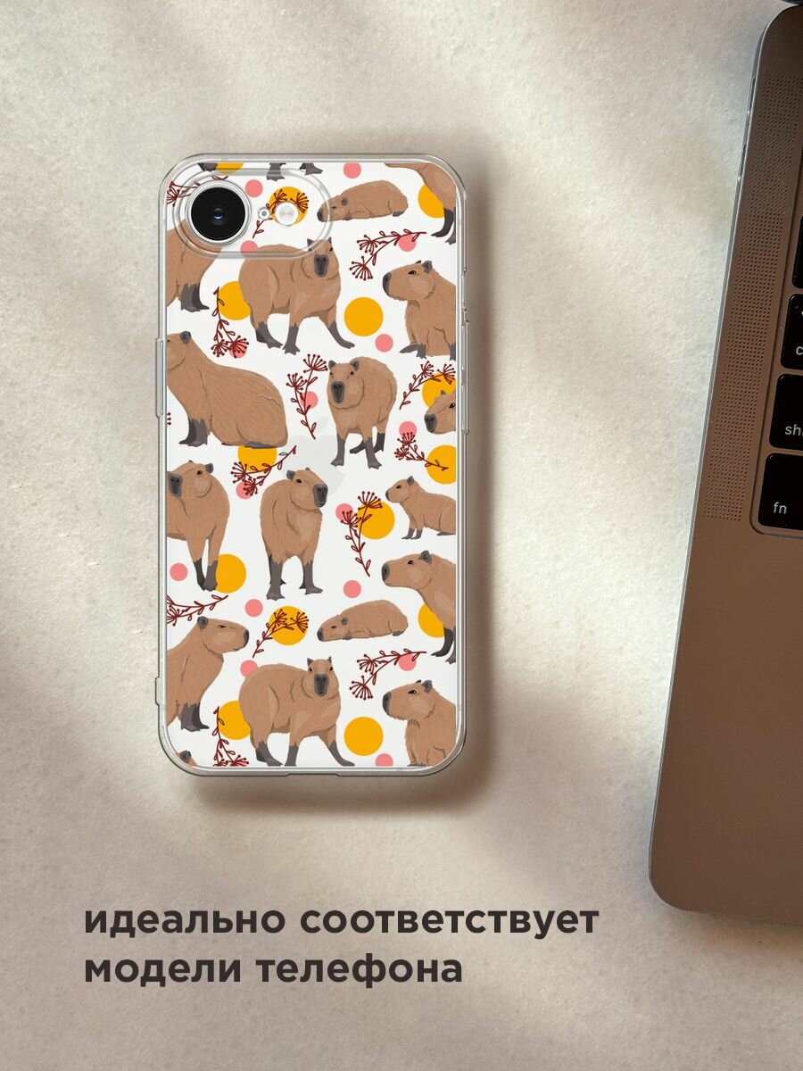 Чехол на Apple iPhone 16e/17e / Айфон 16е/17e с принтом "Капибара паттерн", прозрачный — фото 1
