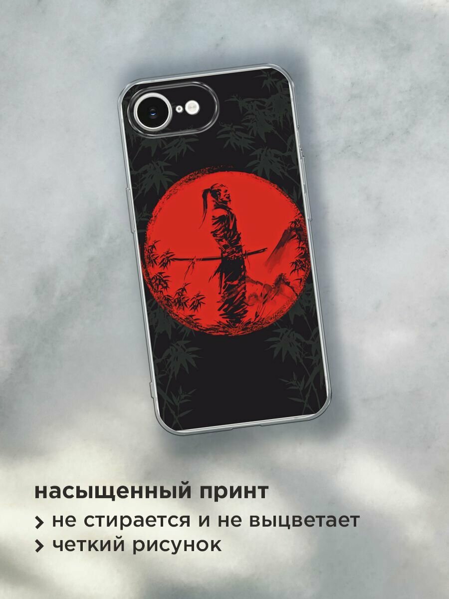 Чехол на Apple iPhone 16e/17e / Айфон 16е/17e с принтом "Самурай на красном фоне" — фото 1