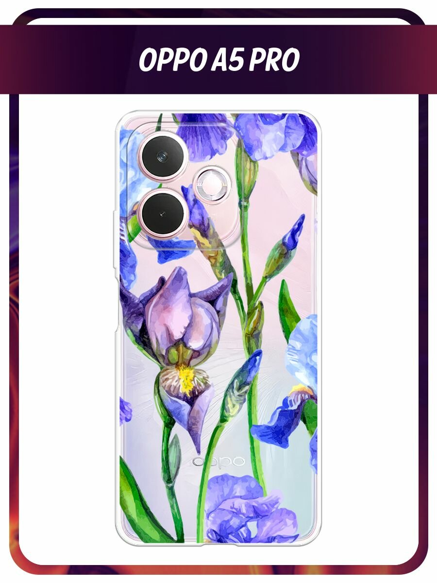 Чехол на Oppo A5 Pro / Оппо А5 Про с принтом "Синие ирисы", прозрачный