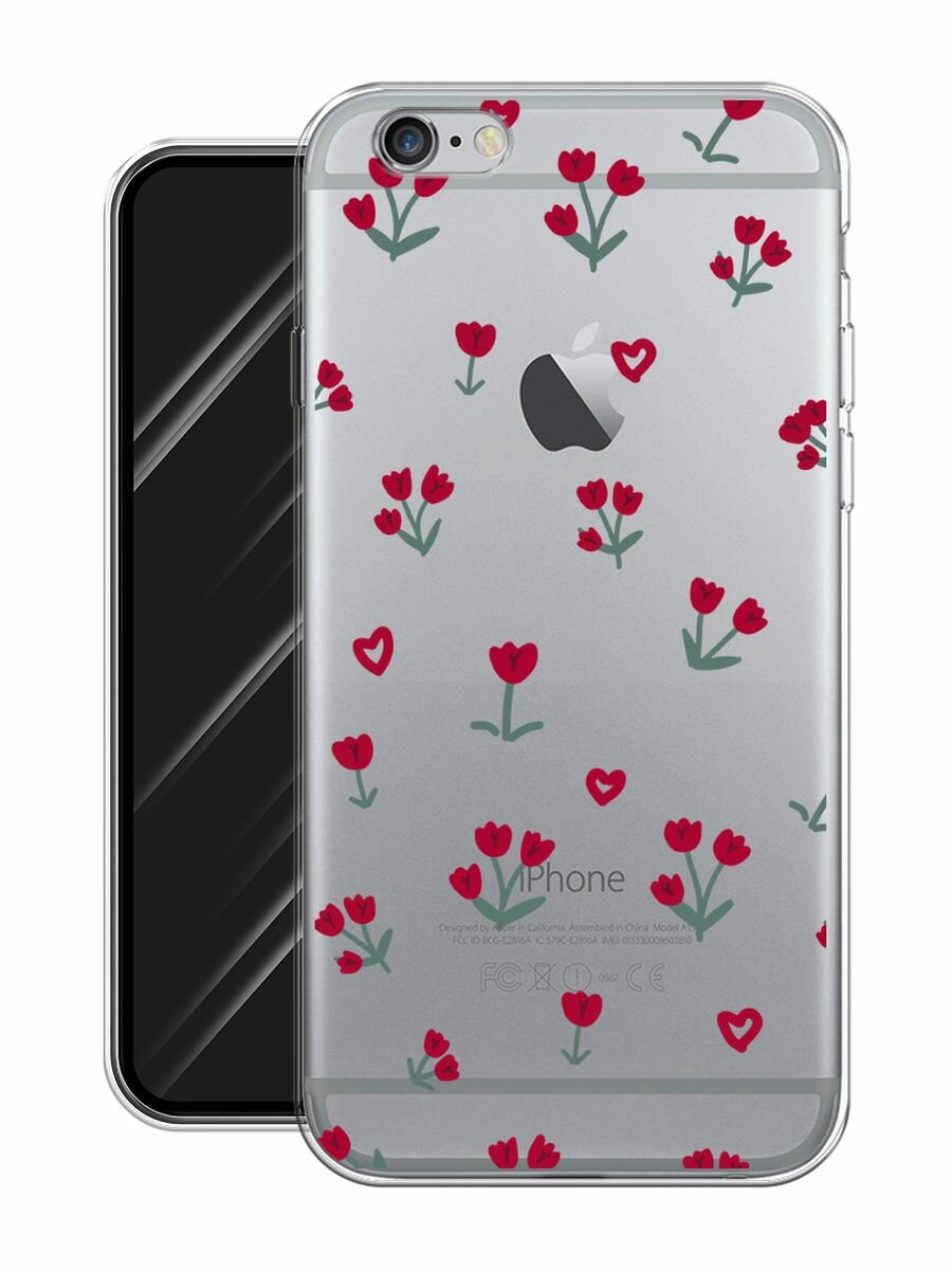 Чехол на Apple iPhone 6 / Айфон 6 с принтом "Красные тюльпанчики", прозрачный — фото 1