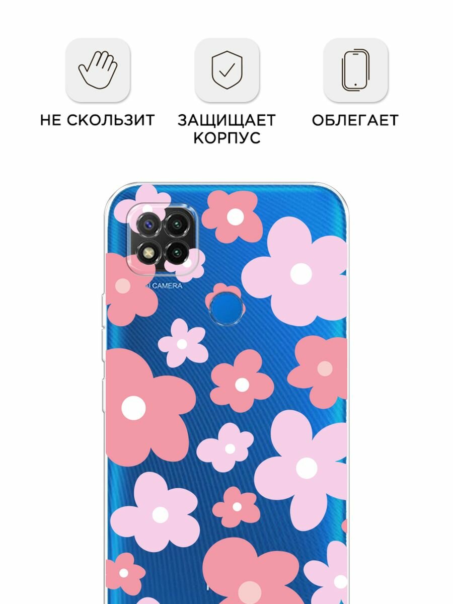 Чехол на Xiaomi Redmi 9C / Сяоми Редми 9C с принтом "Нежные розовые цветочки рисунок", прозрачный — фото 1