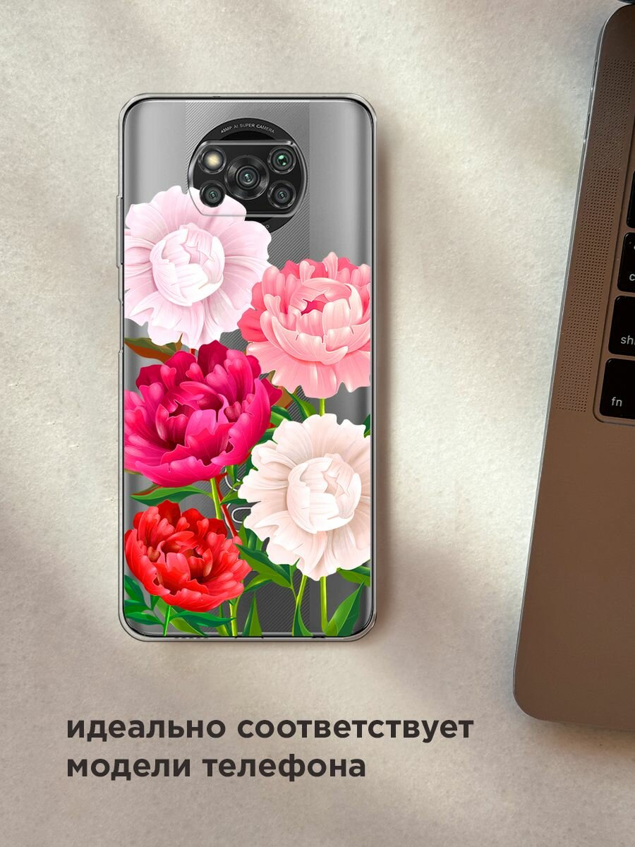 Чехол на Xiaomi Poco X3/X3 Pro / Поко X3/X3 Pro с принтом "Большие пионы", прозрачный — фото 1